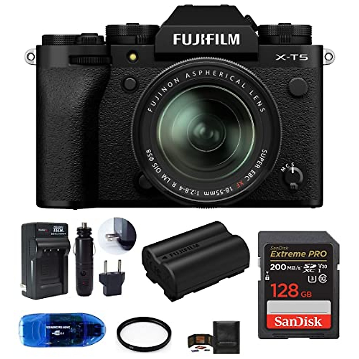 Fujifilm X-T5 Mirrorless Digital Camera with XF 18-55mm f/2.8-4 R LM OIS Lens Bundle, Includes: SanDisk 128GB Extreme PRO SDXC Memory Card, Spare Fujifilm NP-W235 Battery + More (7 Items) (Black)
