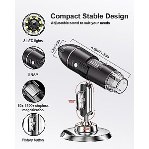 Digital Microscope Camera, Aopick Handheld USB 1440P HD Inspection Camera 50x-1600x Magnification Portable Handheld Pocket Microscopes with 8 LED & Stand, Compatible with iPhone, Android