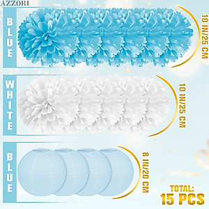 15Pcs Blue Pom Pom Decorations - Blue and White Pom Poms Flowers Decoration Blue Tissue Paper Lanterns Party Decorations - Light Blue Tissue Paper Flowers Decorations Birthday Decorations for Women