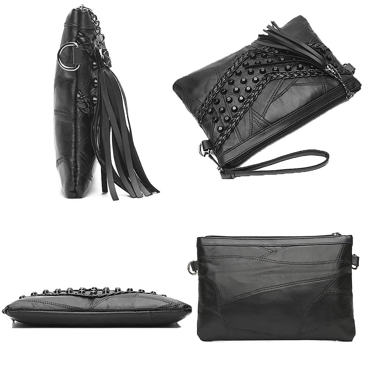 KARRESLY Women's Rivets Studded Shoulder Bag Black Tassel Clutch Bag Cross Body Bags(Black-3)