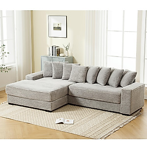 WILLIAMSPACE 111" Sectional Sofa Couch for Living Room, Modern Upholstered L-Shape Sofa 3 Seater Couch with Chaise & Pillows, Contemporary Corner Sofa for Apartment, Corduroy (Left-Facing,Gray)