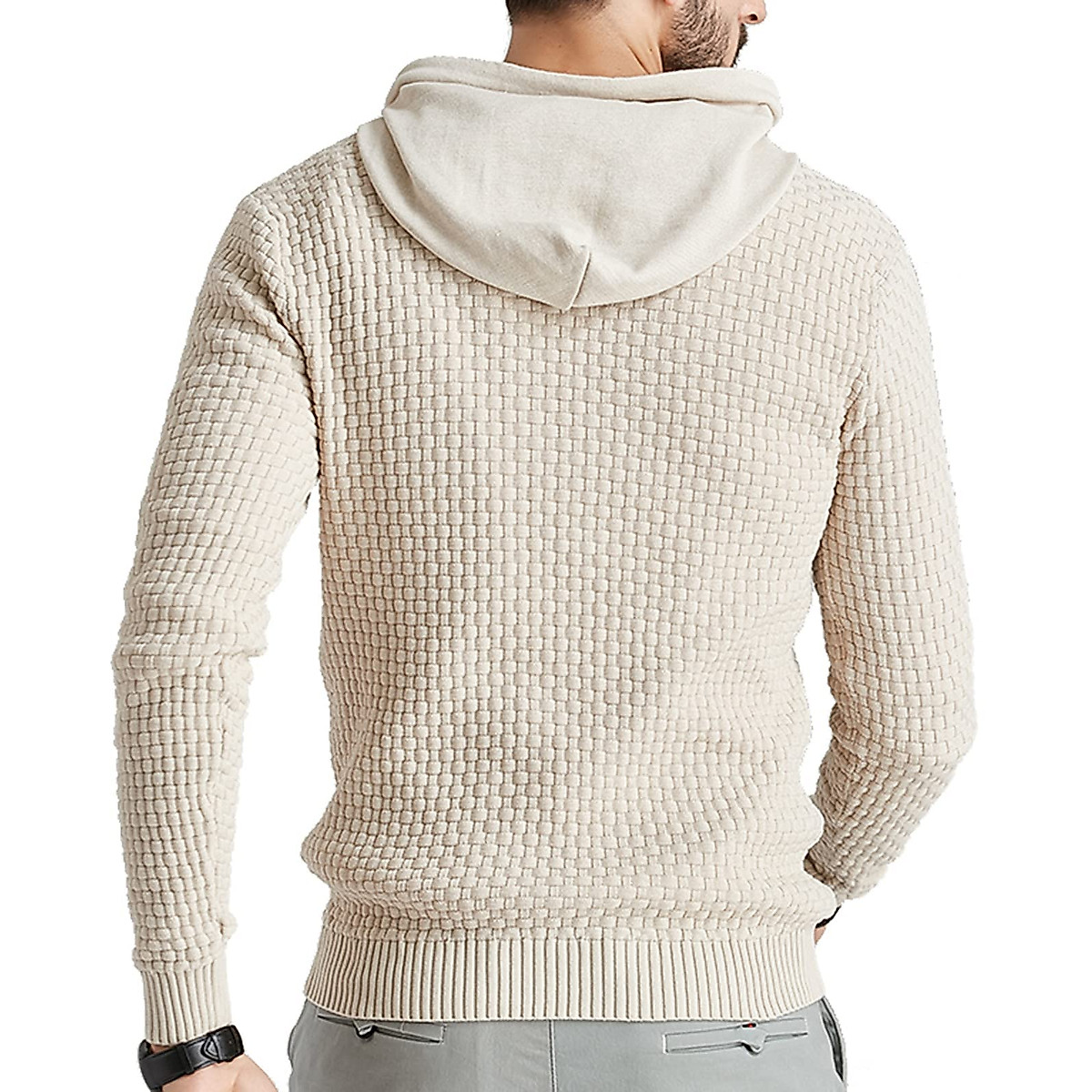Zaitun Mens Hooded Sweatshirt Long Sleeve Solid Knitted Hoodie Pullover Sweater Khaki