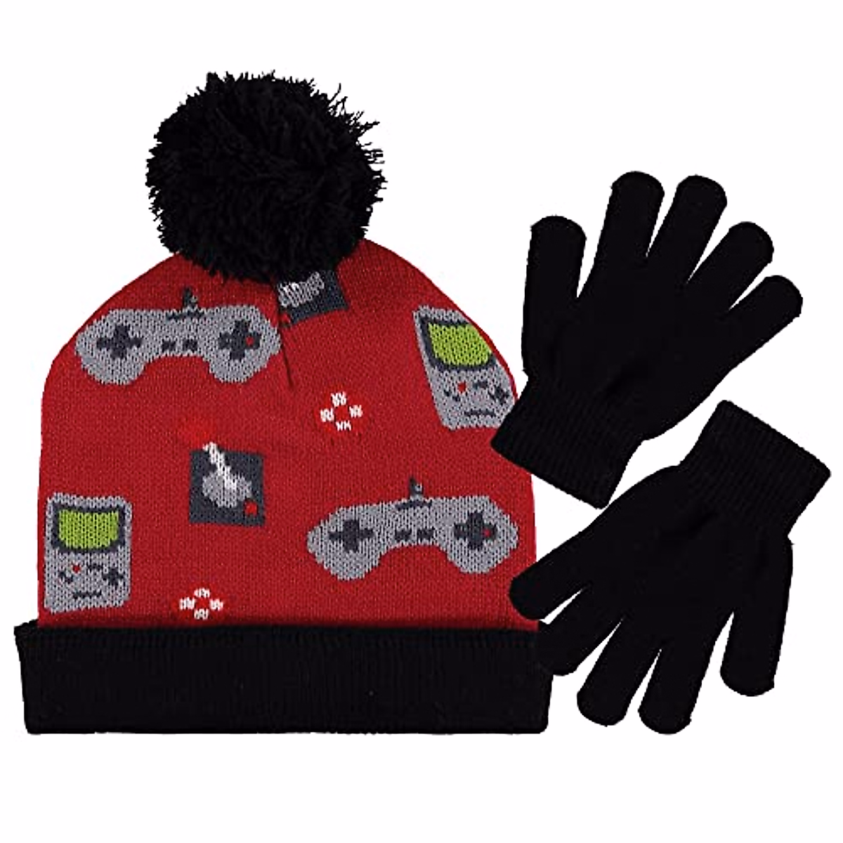 Minus 5° by Polar Wear Boys Winter Game Design Knitted Beanie Hat and Glove Set (2 Piece Set), black/red