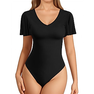 MANGOPOP Womens Deep V Neck Ruffle Short Sleeve Tops Sexy Bodysuit for Women Clothing