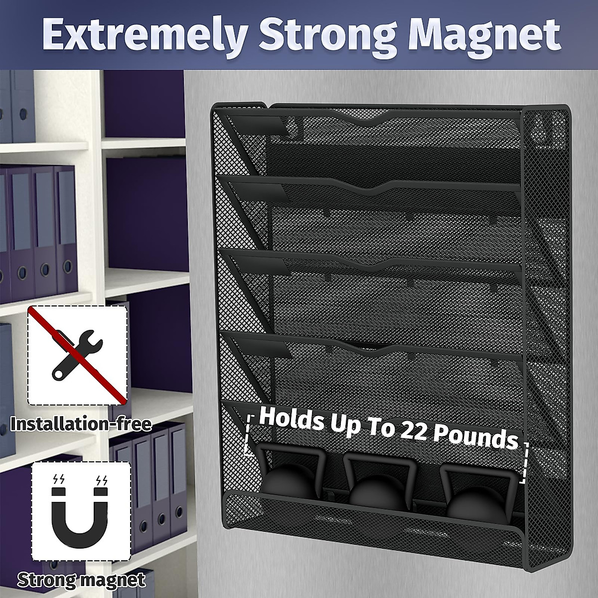 6-Tier Magnetic File Holder, Large Capacity File Cabinet Organizer, No-Drill Mount Hanging Magnetic Paper Holder for File Cabinets, Office, Whiteboard, Magnetic Mail Holder