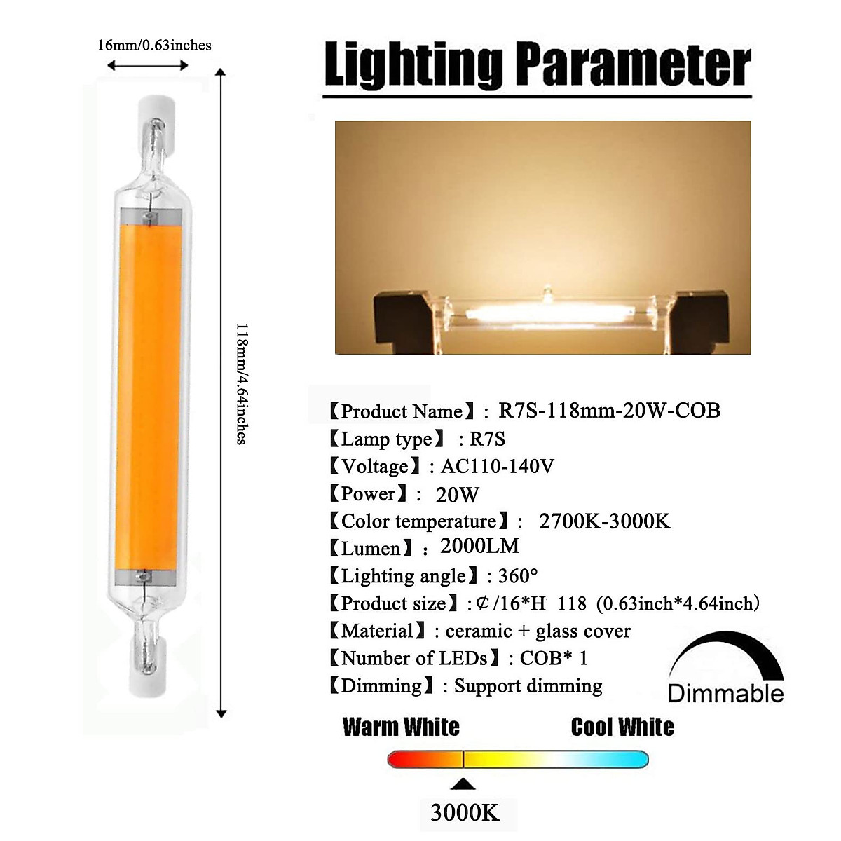 118mm 20W R7S LED Bulb (4 Pack) 200W Halogen Equivalent 118mm J-Type High Brightness 20W 120V R7S Base 3000K Warm White J Type T3 118mm Double Ended Flood Light 360°Beam Angle Landscape L