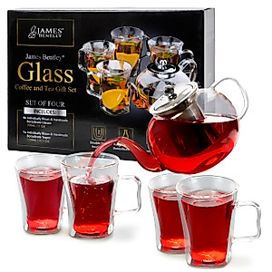 Glass Tea Sets for Adults-Elevate your Tea Time with our Clear Teapot & insulated Cup Set- Tea Pot Sets Kettle w/Infuser for Stove Top & 4 Double Wall Teacups Blooming loose leaf teas Glass Tea set