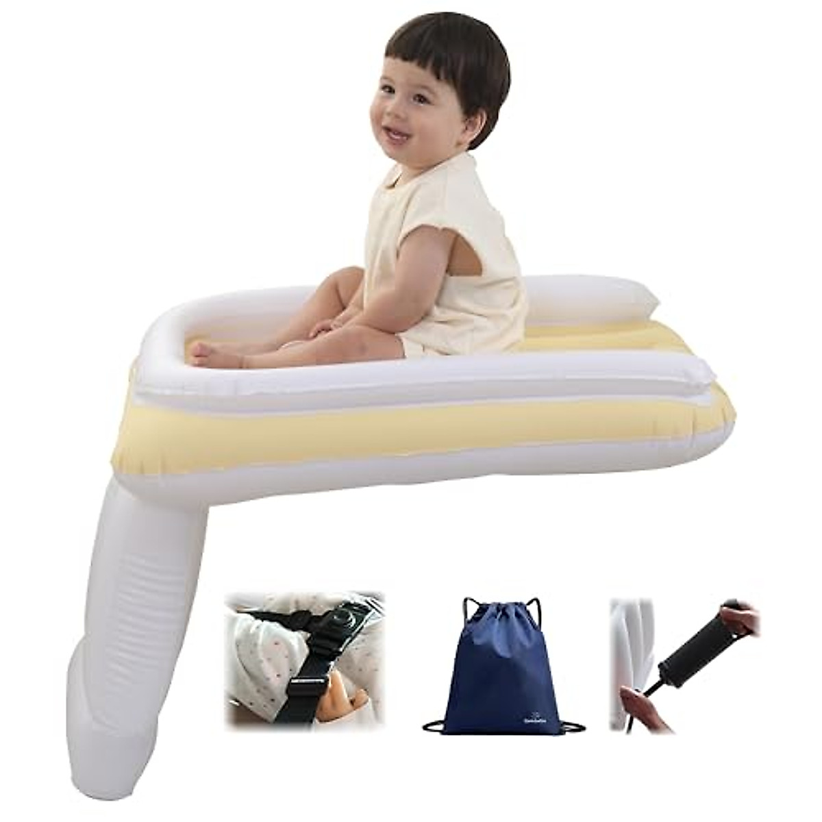 Gembebe Safe and Convenient Traveling with Inflatable Toddler Airplane Bed - Includes Hand Pump, Equipped with Seat Belt, Comes with Carry Bag, BPA-Free Material, Perfect for Airplane Travel (Yellow)