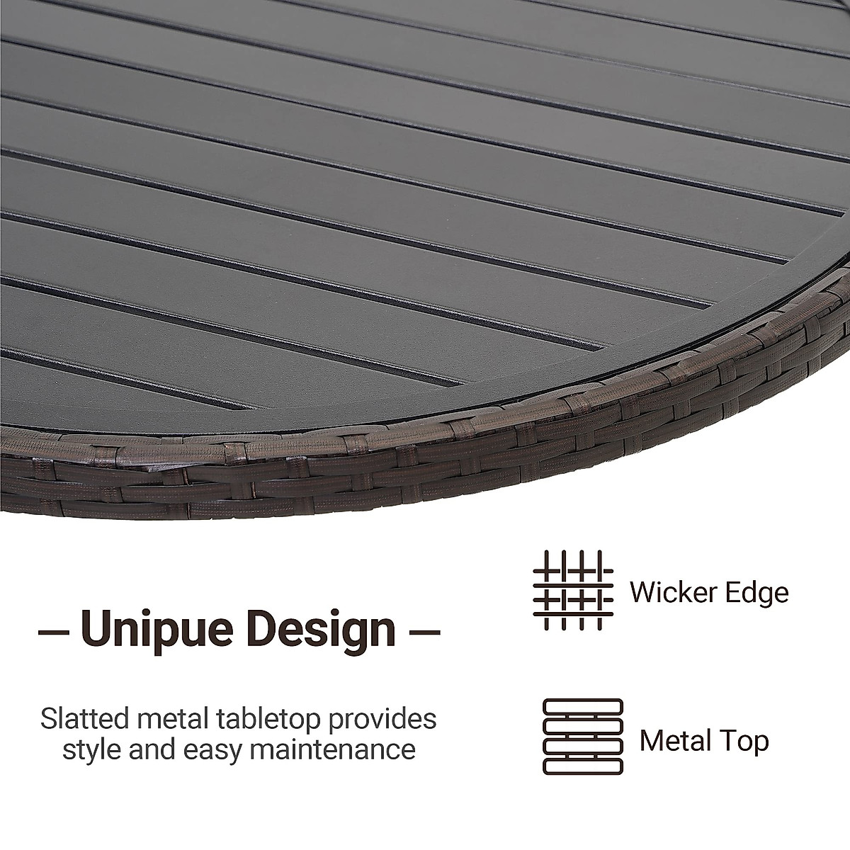 PORWEY 3 Piece Patio Bar Set, Outdoor Rattan Wicker Bar Height Table and Chairs Set, High Top Bistro Set with Pub Table and 2 Cushioned Stools, Outdoor Furniture Set for Backyard Poolside Porch, Beige