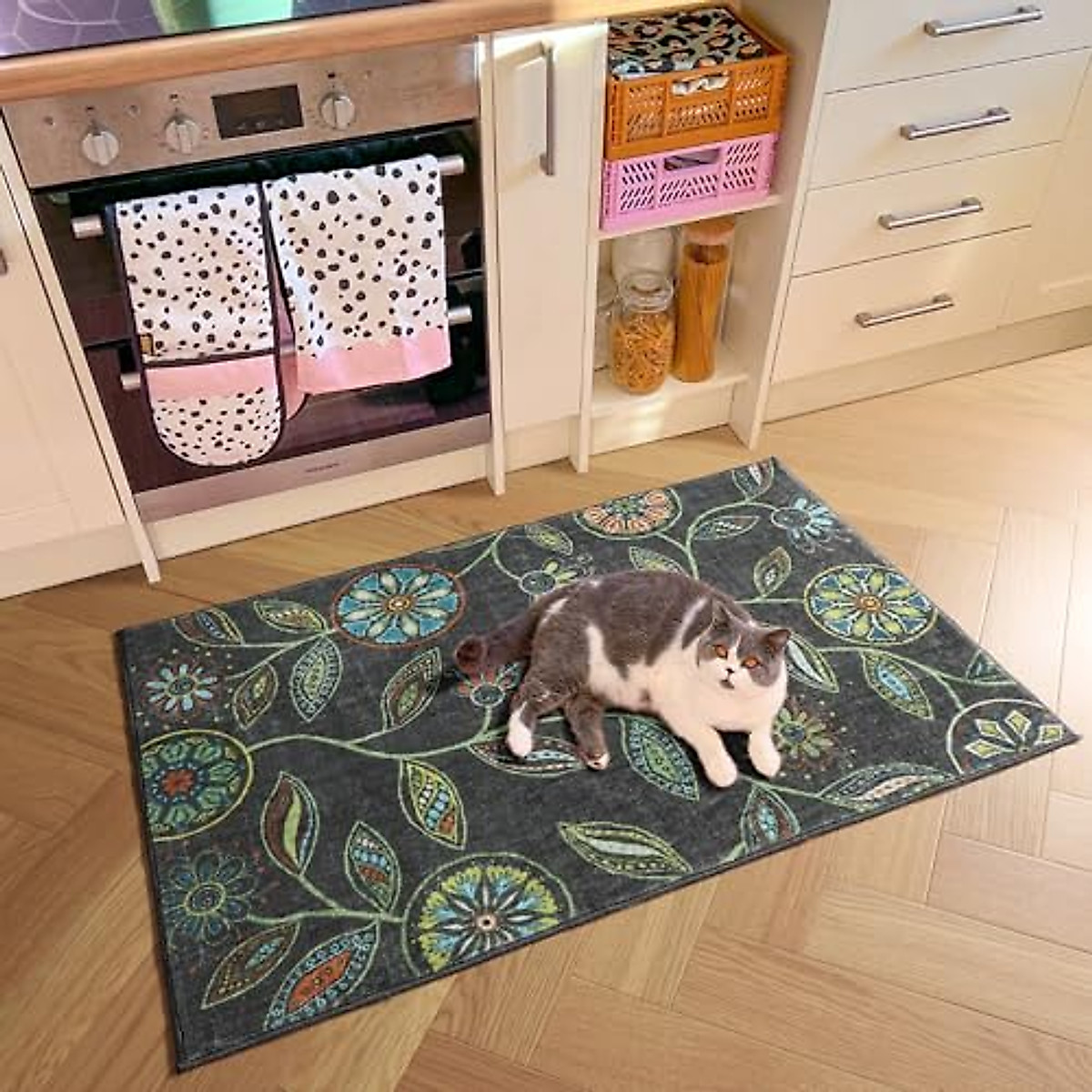 PAGISOFE Indoor Front Door Mat Boho Kitchen Sink Mat, 2x3 Machine Washable Rug, Floral Non-Slip Throw Rug with Rubber Backing, Soft Small Area Rugs for Entryway Bedside Bathroom Entry, Green/Multi