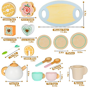 VewePata 17Pcs Wooden Tea Set for Little Girls, Toddler Tea Set Play Kitchen Accessories Play Food Playset for Kids Tea Party, Wooden Toys for 2 3 4 5 6 7 8 Year Old Girls Birthday Gifts