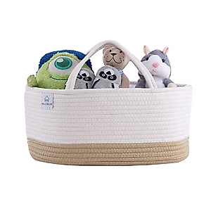 Mila Millie Baby Large Cotton Rope Diaper Caddy | Organizer Storage Bin for Nursery Essentials | Portable Bag for Changing Table and Car | 100% Natural Cotton | Eco friendly (White & Biege) 15.5x10x7 Inch (Pack of 1)