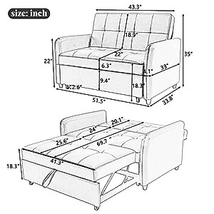 Gynsseh Sleeper Loveseat Pull Out Bed, 3-in-1 Convertible Sleeper Sofa Bed with Dual USB Ports, Faux Leather Adjustable Pull Out Loveseat Sleeper for Living Room Bedroom S2-brown