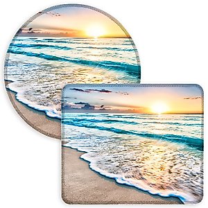Mouse Pad, Square and Round Mouse Pads, 2 Pack,10.3 x 8.7 inch and Dia 8.7 inch, Cute Small Mousepad, Stitched Edge Mouse Pads for Desk, Gaming Mouse Mat for Computer Laptop Office -Sunrise Beach
