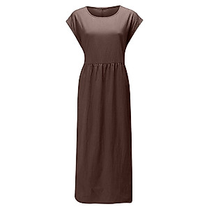 Ladies Solid Color Cotton Linen Casual Dress Loose Maxi Dress for Women Summer Dresses Pockets Comfy Beach Dresses 2023