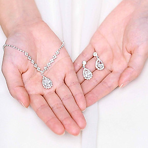 Aukmla Bride Wedding Necklace Earrings Set Silver Rhinestones Necklaces Bridal Crystal Jewelry Accessories for Women (Set of 3)