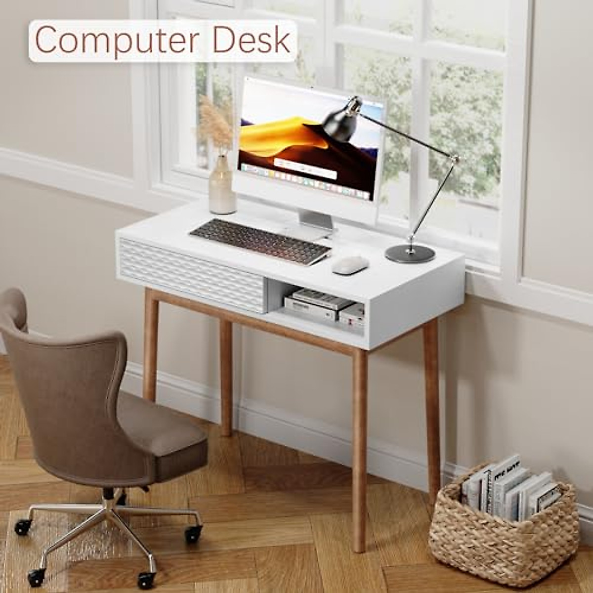 VOXANOXI Small Table for Bedroom, 40 inch White Writing Small Table with Drawer