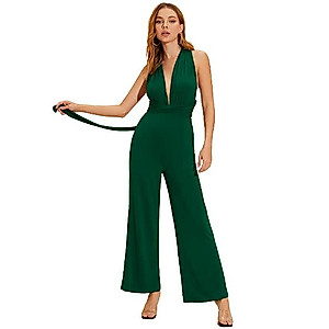 SweatyRocks Women's Sexy Deep V Neck Sleeveless Halter Jumpsuit Backless High Waist Wide Leg Romper Dark Green M