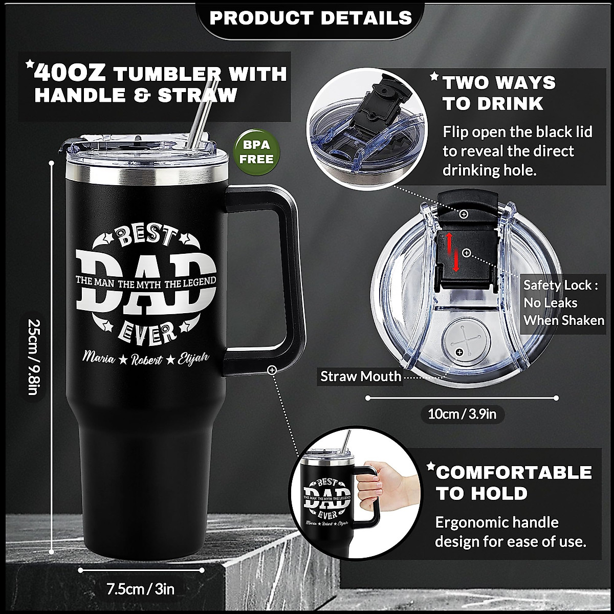 BMYDIY Personalized Fathers Day Birthday Gift for Dad, Customizable 40 Oz Tumbler with Handle Leak-proof Lid and Straw, Custom Extra Large Stainless Steel Insulated Cup/Coffee Mug/Travel Mug with Name