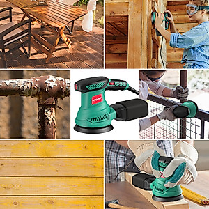 5-Inch Random Orbital Sander, HYCHIKA 13000RPM Electric Orbital Sander with 6 Various Speeds, Palm Sander with 12 Pcs Sandpapers, 1 Pcs Dust Bag, Fit for Woodworking/Sanding