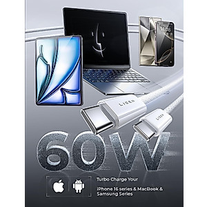 LISEN for iPhone 16 15 USB C to USB C Fast Charging, 60W USB C Cable Type C Fast Charging Cable for iPhone 16 15,Samsung Galaxy S25 Ultra Plus S24 S23 iPad Pro 13 12.9inch, iPad Air 5,White 3Pack 6FT