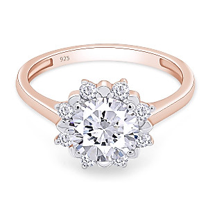 SAVEARTH DIAMONDS Round Cut Lab Created Moissanite Diamond Flower Solitaire Halo Engagement Ring In 14K Rose Gold Over Sterling Silver Jewelry For Women (1.40 Cttw) Ring Size -5.5