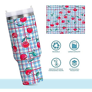 RPLIFE Kawaii Cherry Grid Pastel Stainless Water Bottle, Insulated Coffee Cups with Lids, Tumblers for Women