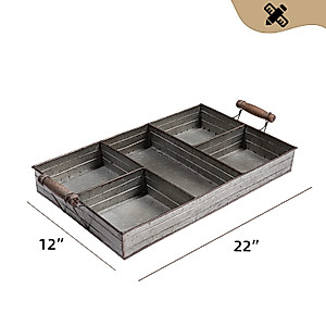HOMPUS Galvanized Metal Storage Tray with Dividers Rustal Farmhouse Desk Organizer with Handle, Decorative Silverware Drawer Caddy with 5 Compartments for Home, Kitchen, Living Room or Office