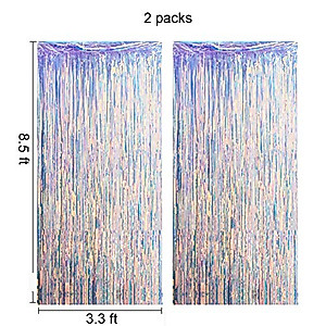 LILF Gorgeous Holographic Iridescent Fringe Curtain - 2 Pack of 8.3ft x 3.3ft Tinsel Streamer for Wedding Birthday Party Bridal/Baby Shower Christmas Photo Booth Backdrop Decoration