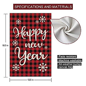 ZYP Happy New Year Burlap Garden Flag, Double Sided 12.5 x18.5 Inch Decorative Red Plaid New Year Christmas Winter Garden Yard Banner Flag Lawn Outdoor Decoration