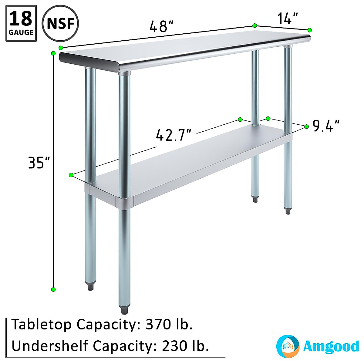 AmGood 14 in. x 48 in. Stainless Steel Work Table | Metal Kitchen Food Prep Table | NSF