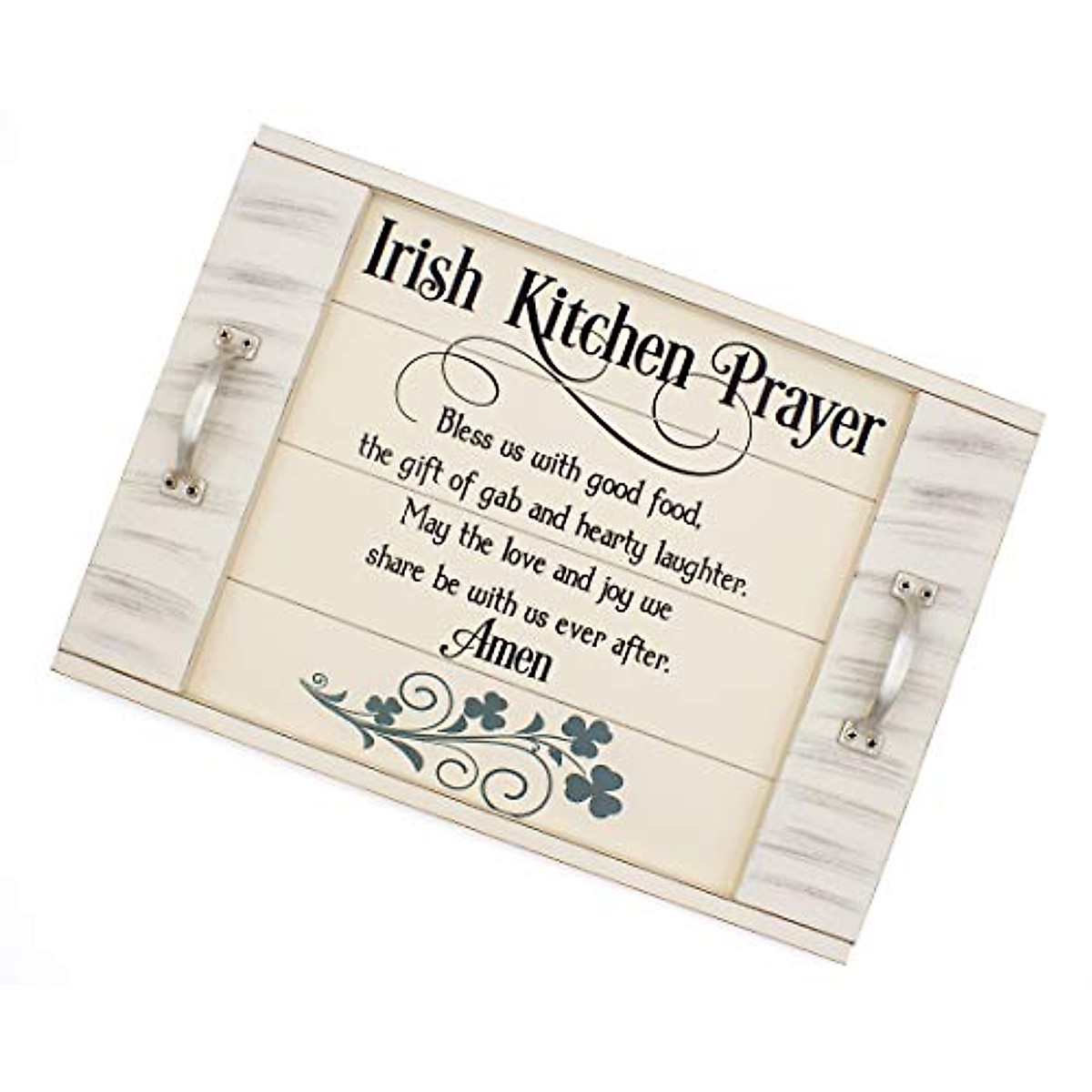 Irish Blessing Kitchen Prayer Serving Tray with slatted Wood Look 18"x12" with Silver Finish Metal Handles Irish Shamrock Motif and Prayer. Rustic Farmhouse Modern Irish Decorative Large Platter