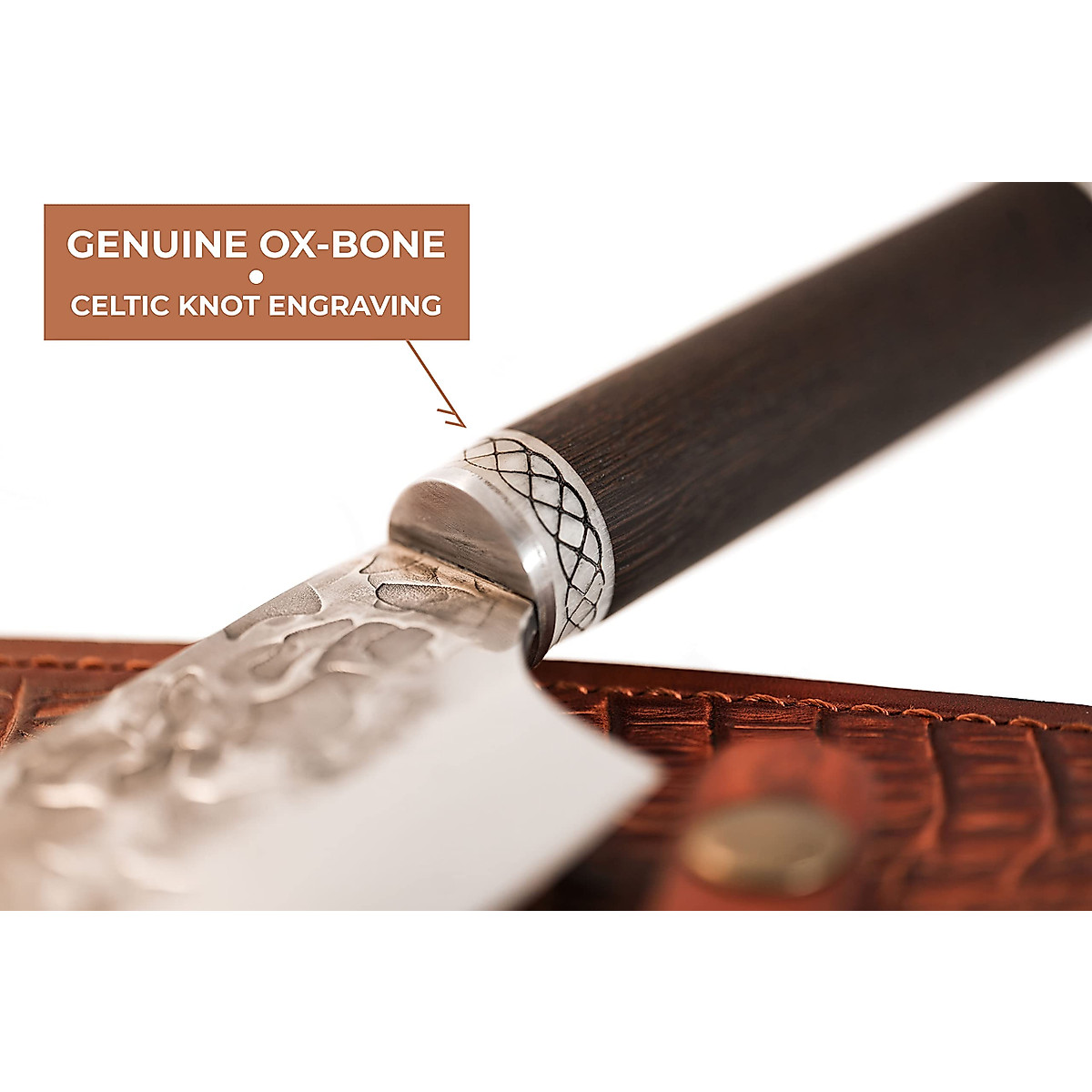 Norse Tradesman Chef & Cleaver Hybrid Knife - 7.5" Razor Sharp Kitchen Knife – Genuine Cowbone Accented Handle with Celtic Knot Engravings – Artisan Forged