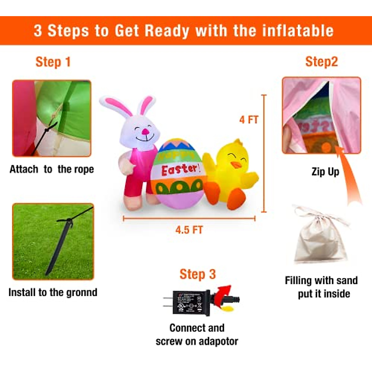 ECOOSTAR 4.5FT Long Easter Decorations Inflatables Bunny & Chicken with Eggs, Blow UpYard Build-in LED Lights, Decor for Outdoor Indoor, Yard, Garden, Lawn, White (RH-120-0600U4-1)