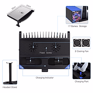 Goluodck PS5 Stand with Suction Cooling Fan and Dual Controller Charger Station for Playstation 5 PS5 Console, Suction Cooler Fan with Charging Dock Station and 12 Games Storage