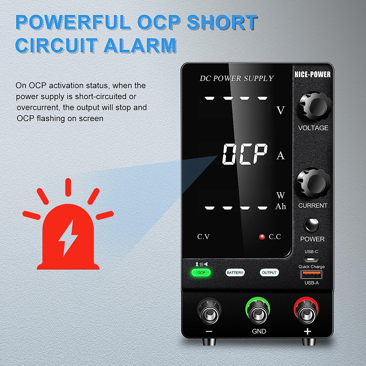 NICE-POWER DC Power Supply Variable 30V 10A, 300W Encoder Adjustable 6V 12V 24V LiFePO4 Lithium Ion etc. Battery Charger Regulated Lab Bench Power Supply Output Switch/OCP Function/Quick Charge Port