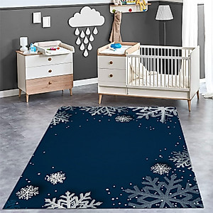 Washable Area Rugs 4x6 ft Carpet, Cartoon Style Snowflake Stripes Print Rugs Dark Blue Stain & Water Resistant Non-Slip, Pet & Child Friendly, Perfect for Living Room, Bedroom, Kids Room