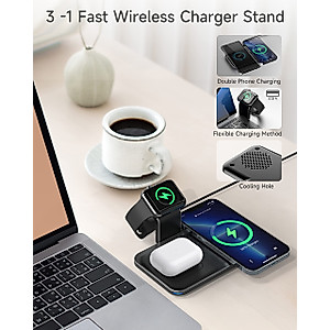 Portable Wireless Charging Station,3 in 1 15W Fast Wireless Charger Pad Compatible iPhone 14 13 12 11 AirPods Android&Detachable Charging Dock Stand Compatible Apple Watch【QC 3.0 Adapter Included】