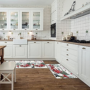 Kitchen Mat Rug Set of 2 Christmas Red Truck Gnome Snowman Xmas Tree Bird Winter Snowy Runner Rug Anti-Fatigue Comfort Memory Foam Standing Mat Non-Slip Floor Door Mat for Bedroom 20x32in+20x63in