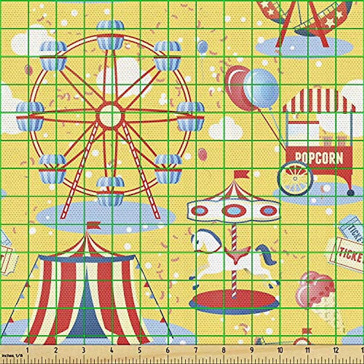 Ambesonne Circus Fabric by The Yard, Amusement Park Pattern with Ferris Wheel Popcorn Ice Cream Tent, Decorative Fabric for Upholstery and Home Accents, 1 Yard, Mustard Vermilion