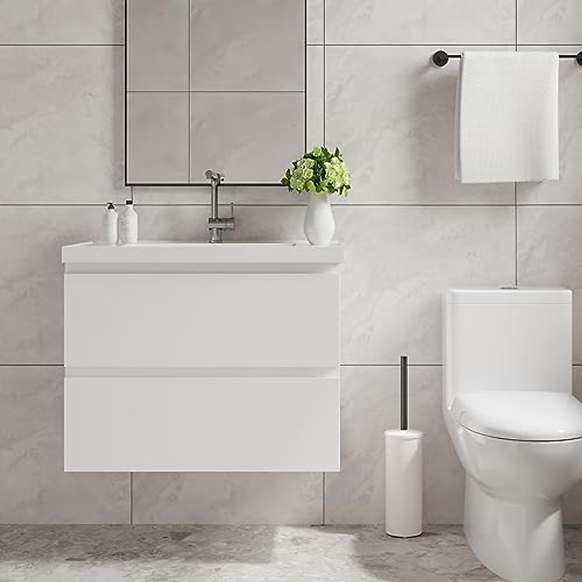 JPND 30" Bathroom Vanity with Sink Combo, Wall Mounted Vanity Base Cabinet with Single Hole Sink and Two Soft Close Drawers, Handle-Free Design, White (Faucet and Drain not Included)