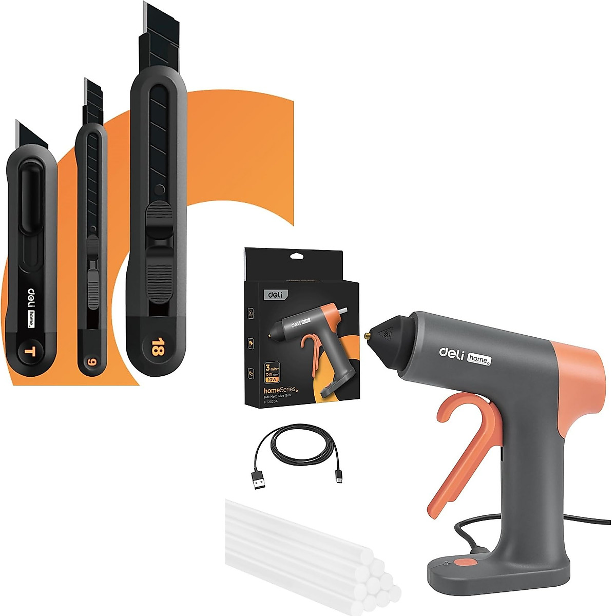 deli 3pcs Box Cutter Set and Hot Glue Gun Kit With 10pcs Glue Sticks