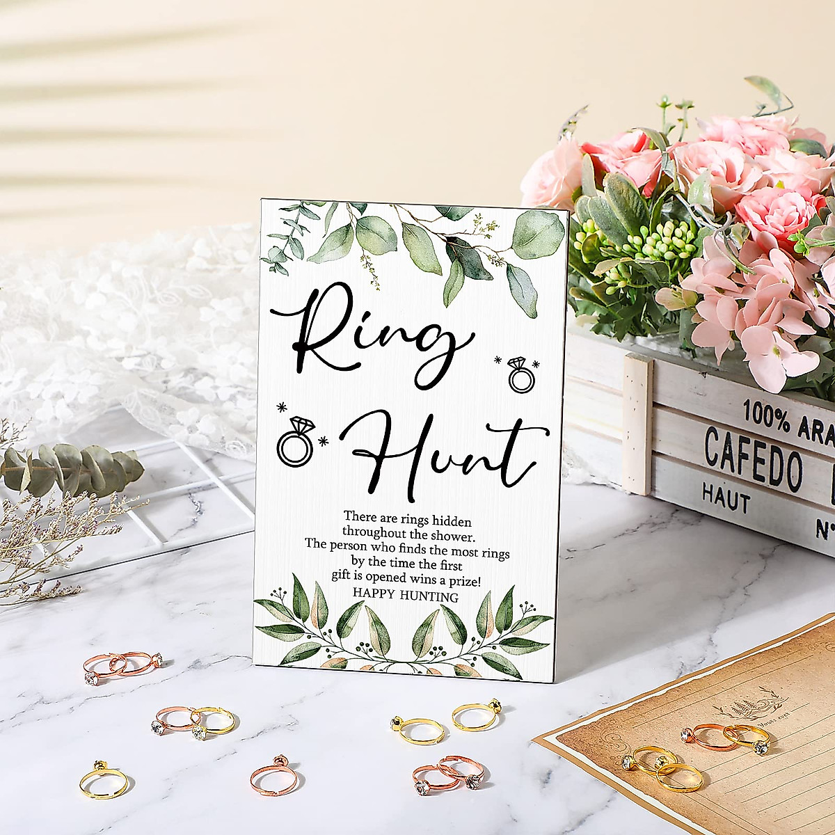 Bucherry Bridal Shower Games with Rings Funny Ring Hunt Games Sign Wooden Game Sign and 100 Mini Plastic Rings Fake Rings with Diamond for Bride Shower Game Wedding Winner Gifts Party Favors (Leaf)