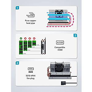 GRAUGEAR M.2 2280 SSD Heatsink, Direct-Touch Heat of Dual Copper Heat Pipes, 25 mm Cooling Fan Built-in PWM Control, Aluminum Plate-Fin Design, Thermal Pads incl. Cooler for M.2 NVMe/SATA[G-M2HP04-F]
