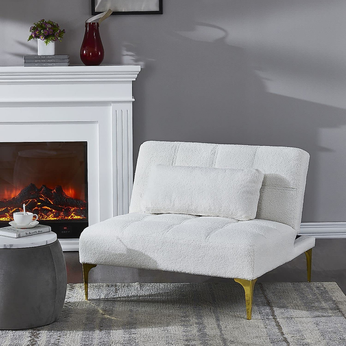 Convertible Sofa Bed, Single Futon Sofa Bed with Adjustable Backrest and Gold Metal Legs, Teddy Fabric Armless Chair for Living Room Bedroom Apartment Office, White