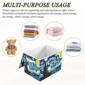 KJIZMO Starry Night Van Gogh Storage Bin with Lid and Handle, Collapsible Organizer Basket for Toys, Laundry, Closet, Bedroom - 16.5x12.6x11.8 In
