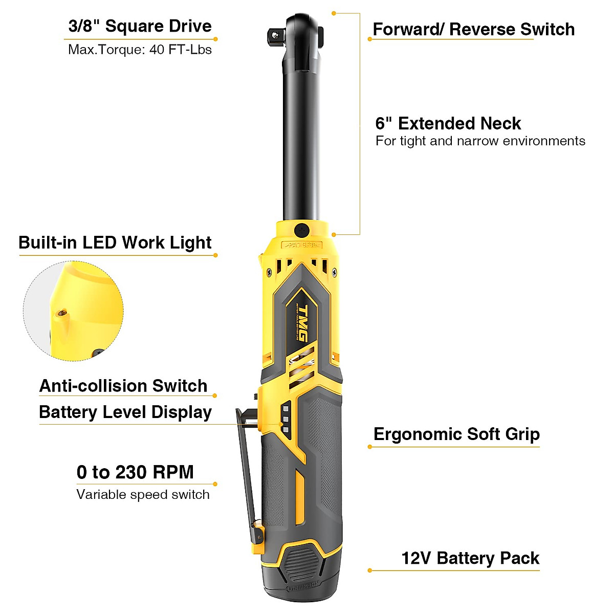 Meagle Extended Cordless Electric Ratchet Wrench, 3/8" 40 Ft-lbs 12V Long Reach Electric Ratchet Wrench Kit w/ 60-Min Fast Charge, Variable Speed, 2X2.0Ah Lithium-Ion Batteries, 7 Sockets& Tool Bag