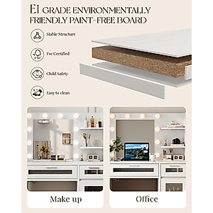 SECRET NATURAL Vanity Mirror with Lights Desk & Stool, Makeup Table Set with Drawers, Vanity Table for Bedroom with Storage Shelves & Acrylic Cabinet, 3 Lighting Modes Adjustable Brightness, White