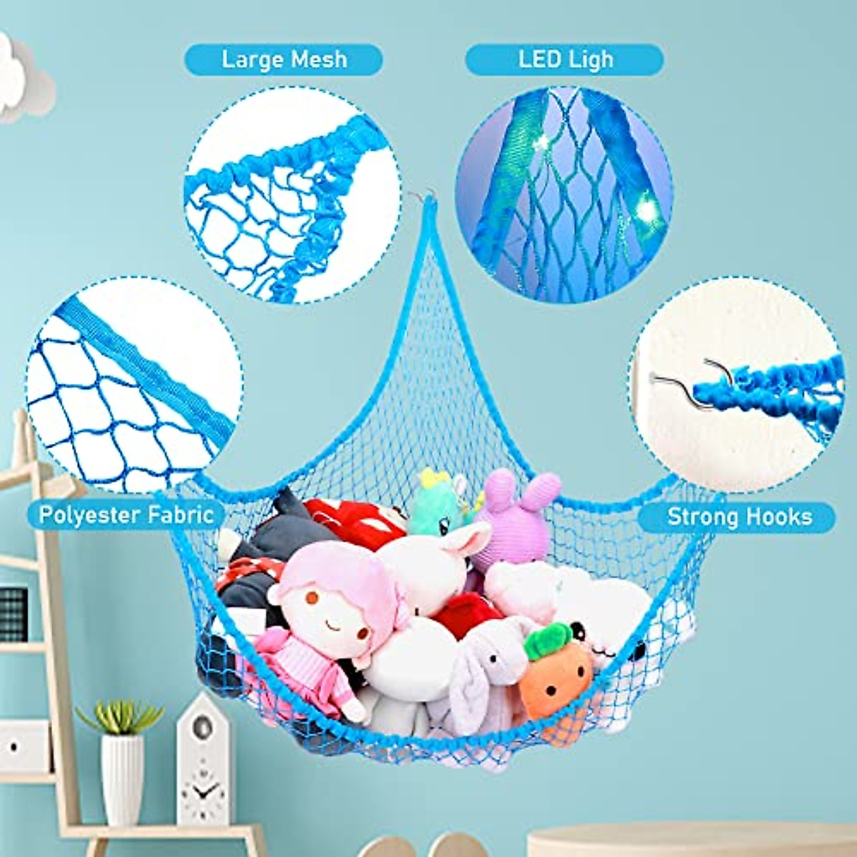 Corner Stuffed Toy Hammock with LED Light, Corner Plush Toy Net Holder, Stuffed Animals Hanging Storage Net, Hanging Toy Net Hammock for Nursery Play Room Bedroom(Blue)