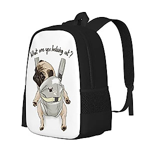 FREE LION Kids Pug Dog Backpack for Boys Girls Funny Pug in Back Carrier Bookbags Elementary Middle High School Bag Large Capacity 17 inch Big Student Backpack for School & Travel